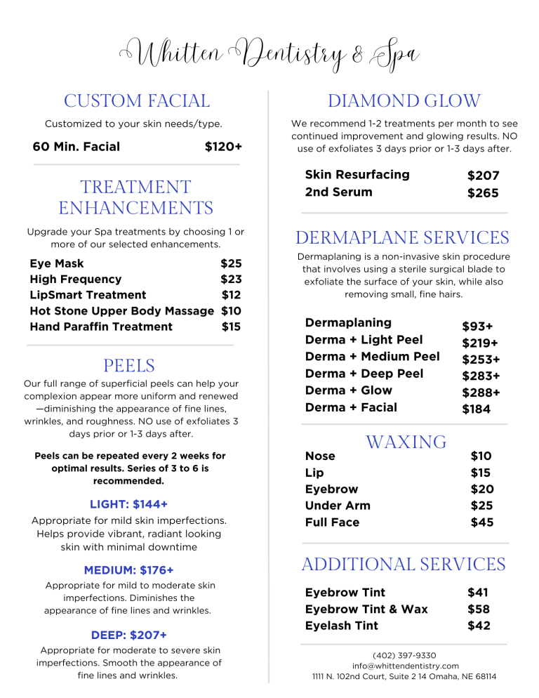 Spa Menu - Whitten Dentistry & Spa
